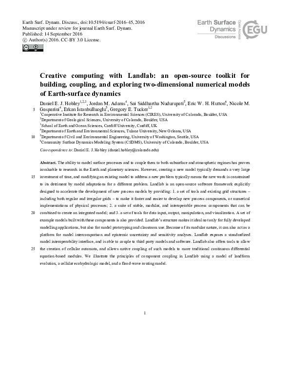 (PDF) Creative computing with Landlab: an open-source toolkit for building, coupling, and ...