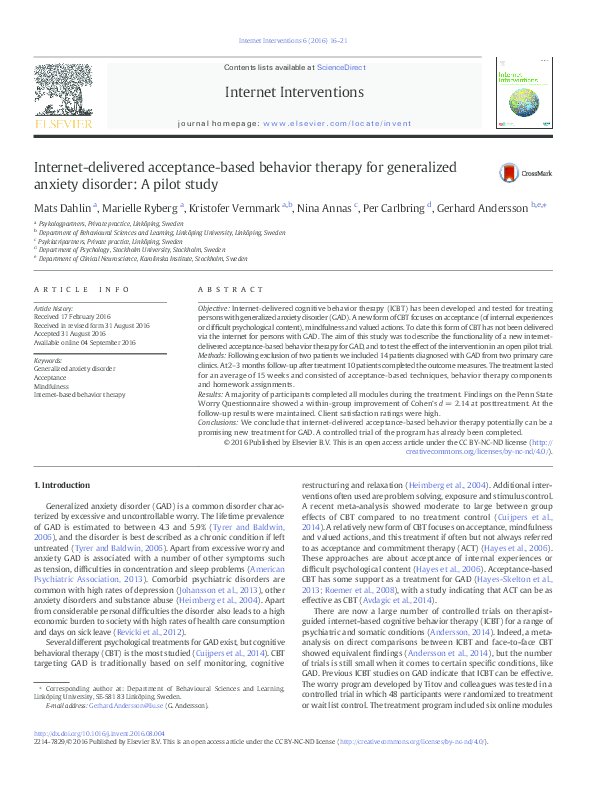 (PDF) Internet-delivered acceptance-based behavior therapy for generalized anxiety disorder: A ...