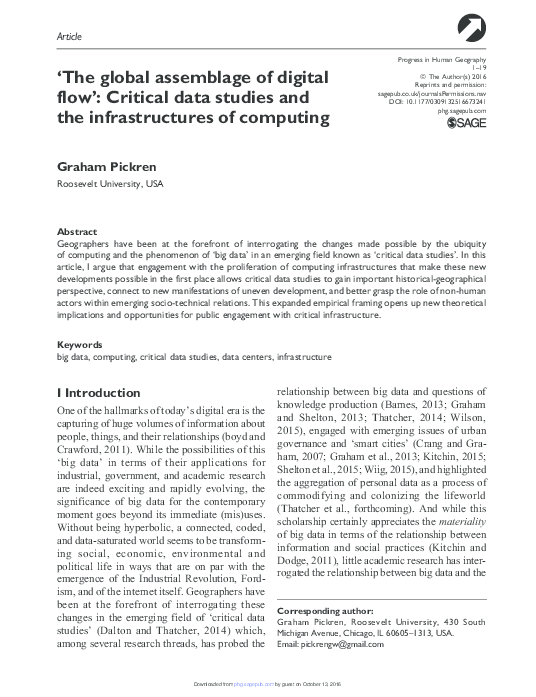 (PDF) ‘The global assemblage of digital flow’: Critical data studies and the infrastructures of ...