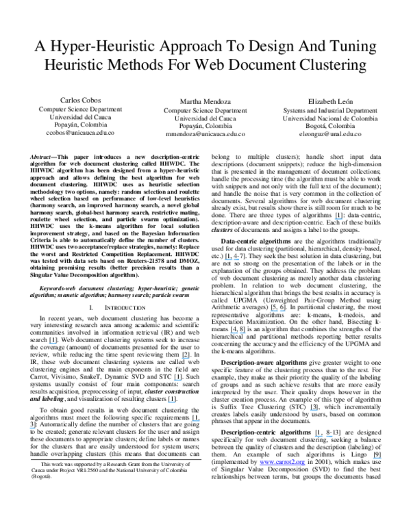 Pdf A Hyper Heuristic Approach To Design And Tuning Heuristic Methods For Web Document Clustering