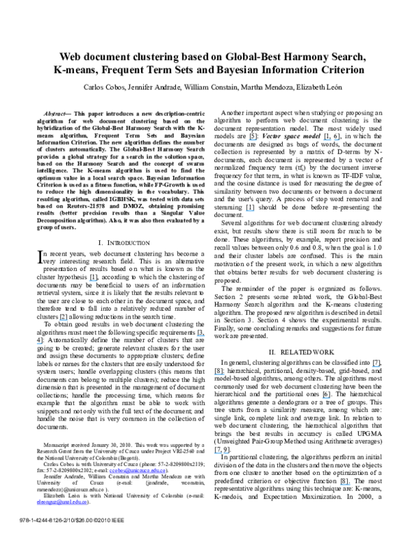 (PDF) Web document clustering based on Global-Best Harmony Search, K-means, Frequent Term Sets ...