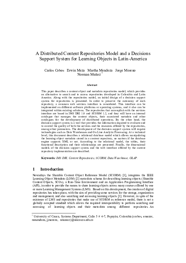 Pdf A Distributed Content Repositories Model And A Decisions Support System For Learning