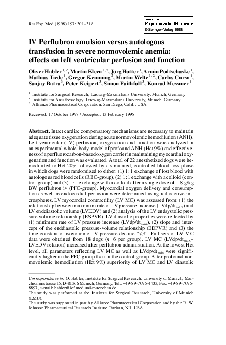(PDF) IV Perflubron emulsion versus autologous transfusion in severe ...