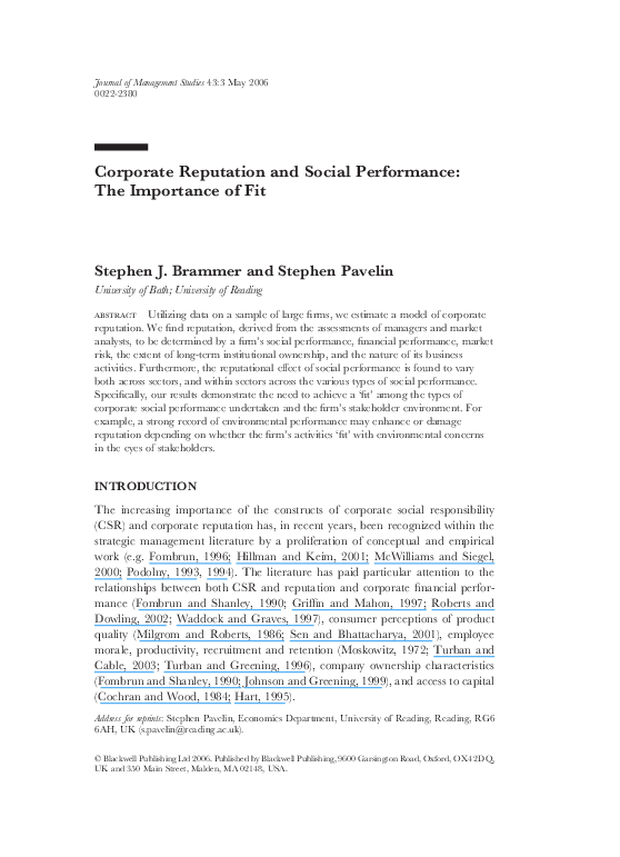 (PDF) Corporate Reputation and Social Performance: The Importance of Fit