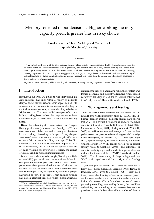 (PDF) Memory reflected in our decisions: Higher working memory capacity ...