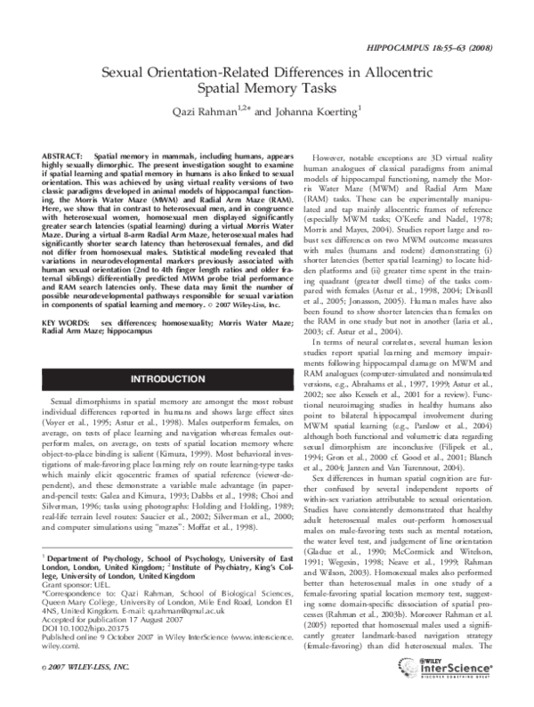 Pdf Sexual Orientation Related Differences In Allocentric Spatial Memory Tasks