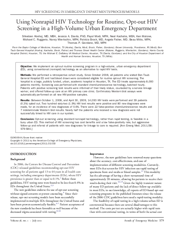 (PDF) Using Nonrapid HIV Technology for Routine, Opt-out HIV Screening ...