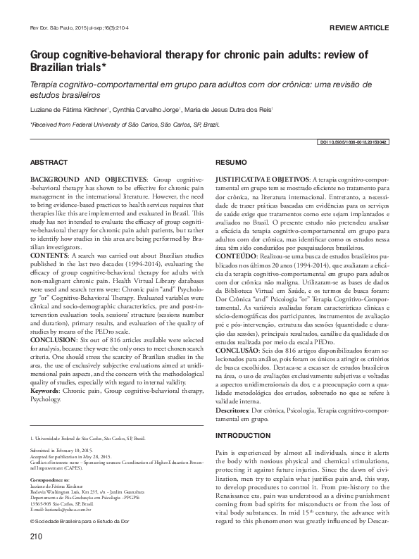 (PDF) Group cognitive-behavioral therapy for chronic pain adults: review of Brazilian trials