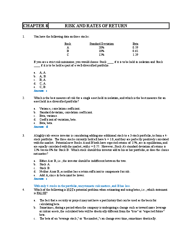 (DOC) CHAPTER 8 RISK AND RATES OF RETURN