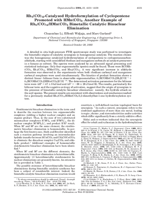 (PDF) Rh 4 (CO) 12 -Catalyzed Hydroformylation of Cyclopentene Promoted ...
