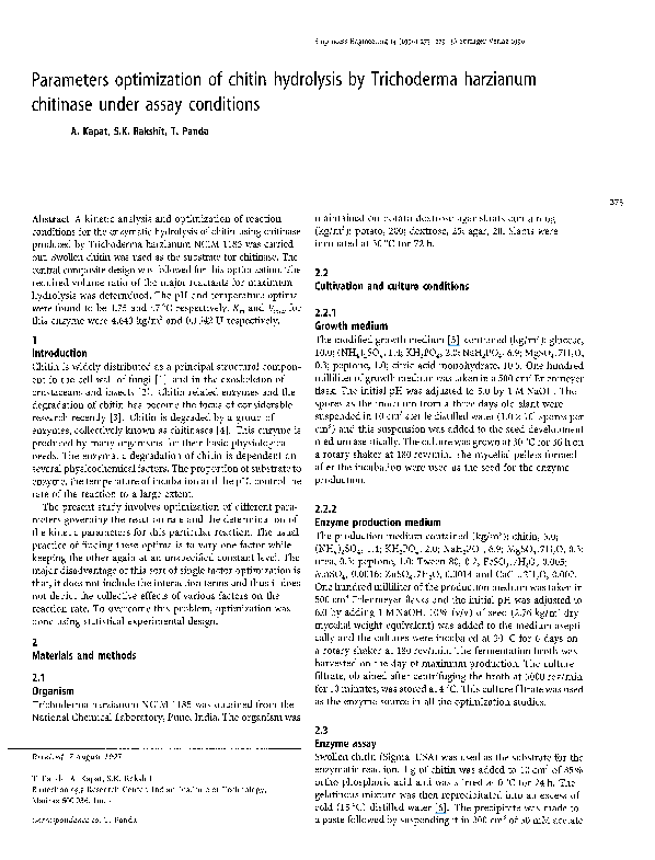 (PDF) Parameters optimization of chitin hydrolysis by Trichoderma harzianum chitinase under ...