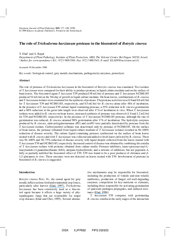 (PDF) The Role of Trichoderma harzianum Protease in the Biocontrol of Botrytis cinerea