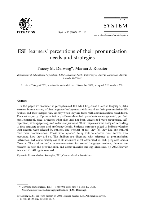 (PDF) ESL learners' perceptions of their pronunciation needs and strategies