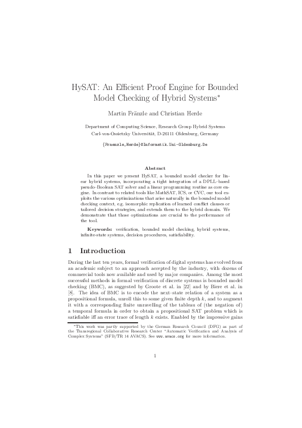(PDF) HySAT: An efficient proof engine for bounded model checking of ...