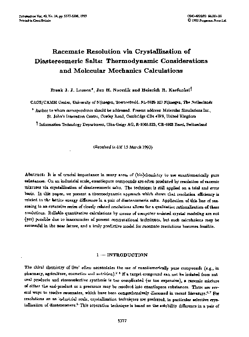 (PDF) Racemate resolution via crystallization of diastereomeric salts ...