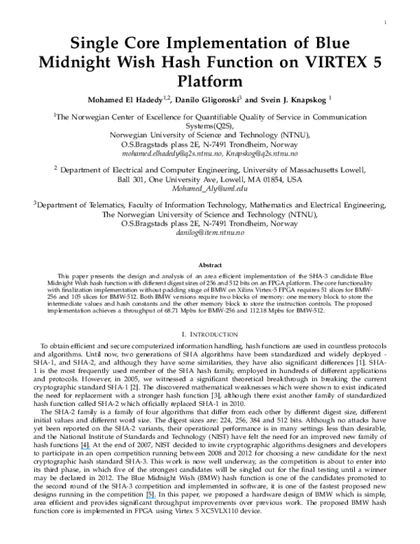 Pdf Single Core Implementation Of Blue Midnight Wish Hash Function On Virtex 5 Platform 