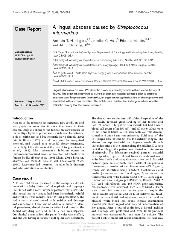 (PDF) A lingual abscess caused by Streptococcus intermedius | Jill Clarridge - Academia.edu