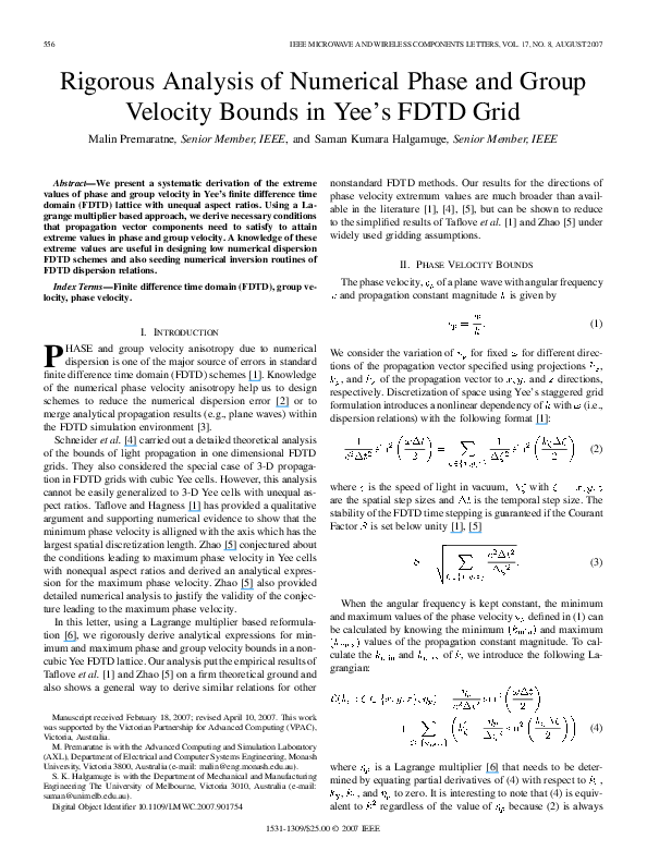 (PDF) Rigorous Analysis of Numerical Phase and Group Velocity Bounds in Yee's FDTD Grid