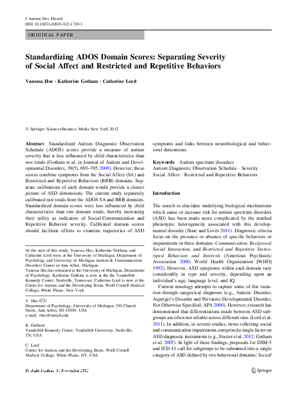 (PDF) Standardizing ADOS Domain Scores: Separating Severity of Social ...