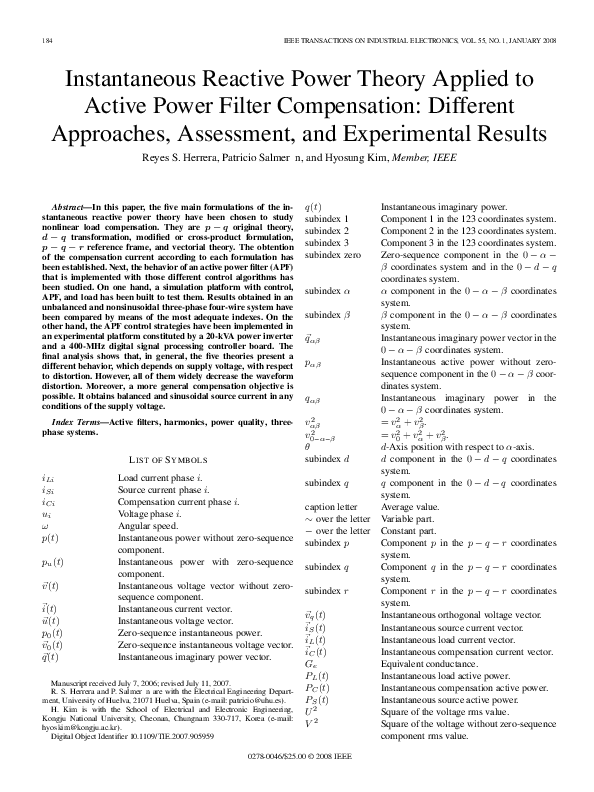 (PDF) Instantaneous Reactive Power Theory Applied to Active Power Filter Compensation: Different ...