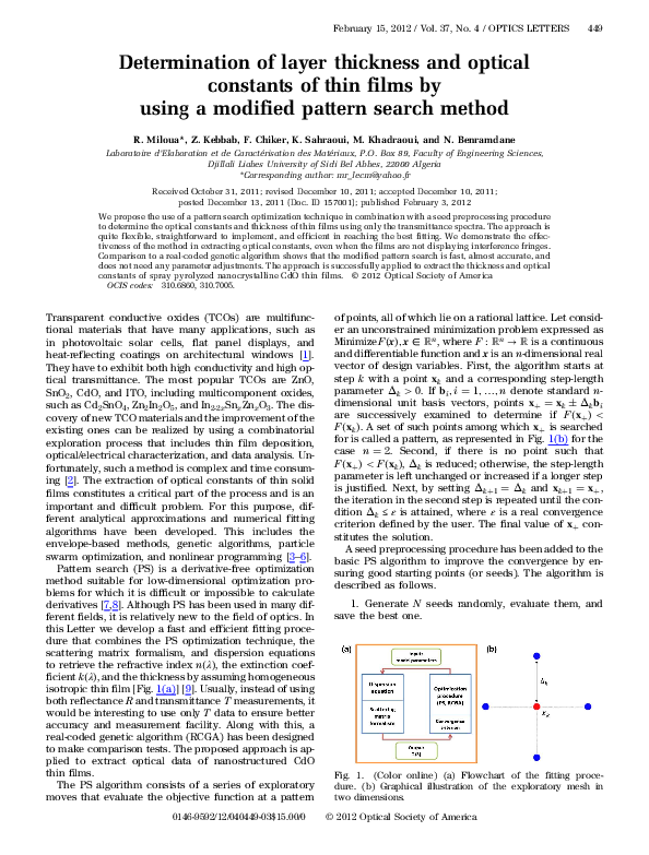 (PDF) Determination of layer thickness and optical constants of thin films by using a modified ...