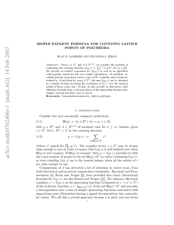 Pdf Simple Explicit Formula For Counting Lattice Points Of Polyhedra