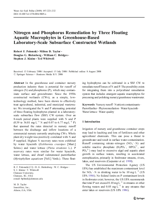 (PDF) Nitrogen and Phosphorus Remediation by Three Floating Aquatic ...