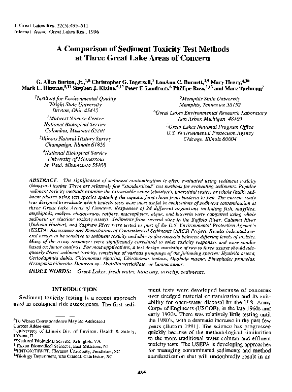 (PDF) A Comparison of Sediment Toxicity Test Methods at Three Great ...