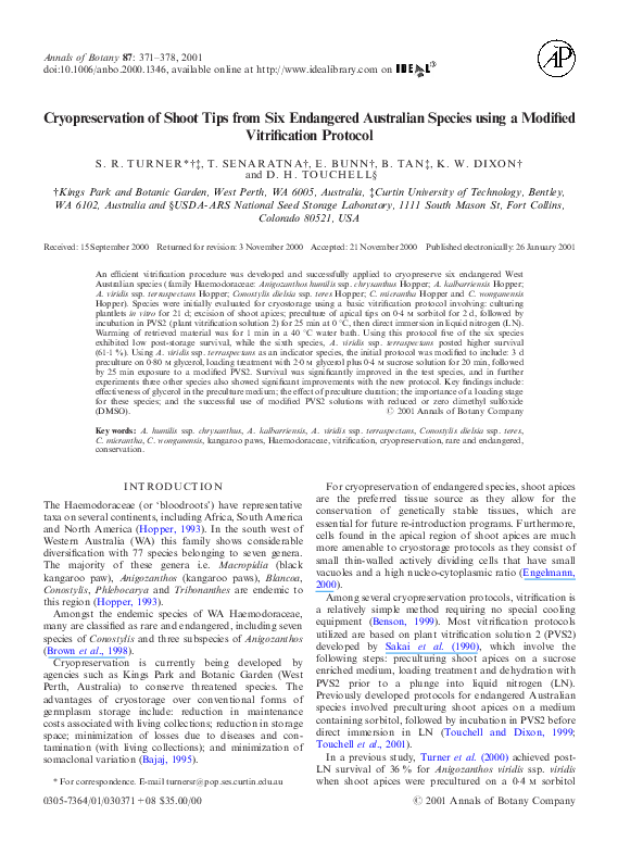 (PDF) Cryopreservation of Shoot Tips from Six Endangered Australian Species using a Modified ...