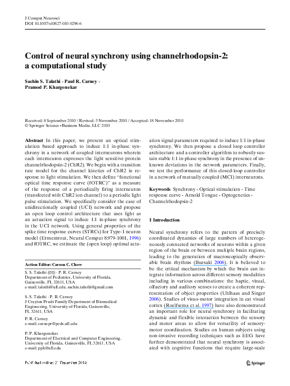 (PDF) Control of neural synchrony using channelrhodopsin-2: a computational study
