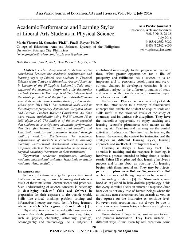 Academic Performance and Learning Styles of Liberal Arts Students in ...