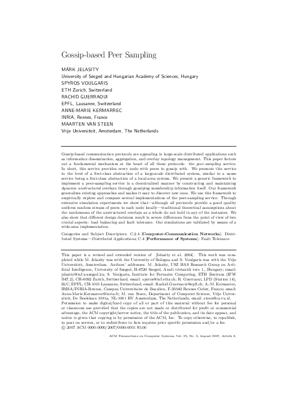 (PDF) Gossip-based peer sampling | Anne-Marie Kermarrec - Academia.edu