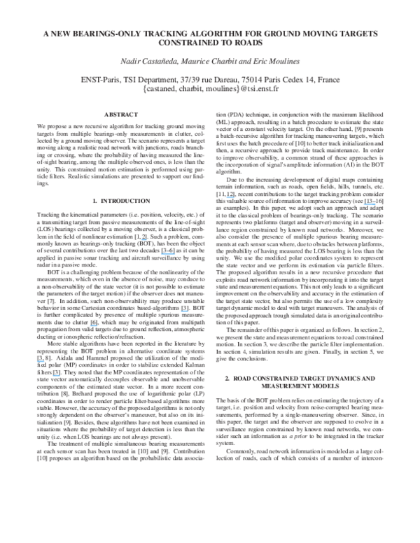 Pdf A New Bearings Only Tracking Algorithm For Ground Moving Targets Constrained To Roads