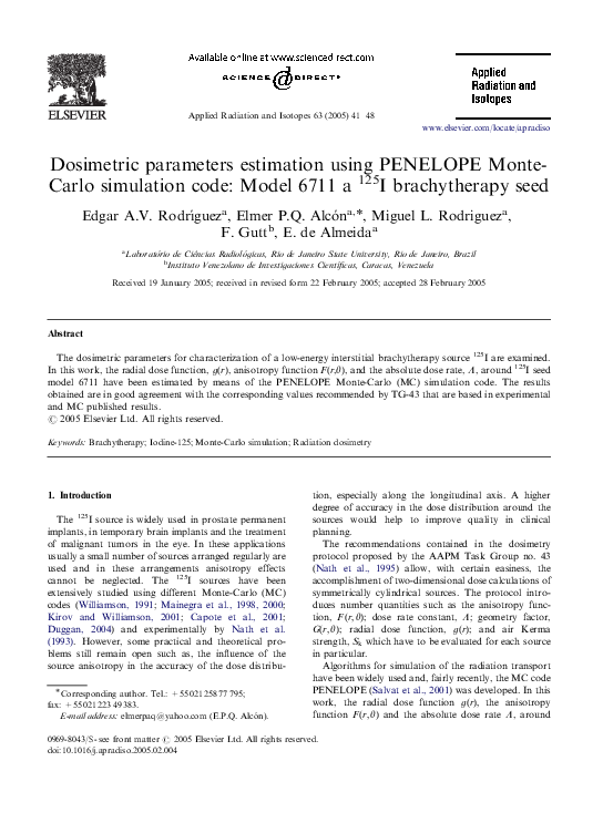 Pdf Dosimetric Parameters Estimation Using Penelope Monte Carlo Simulation Code Model 6711 A