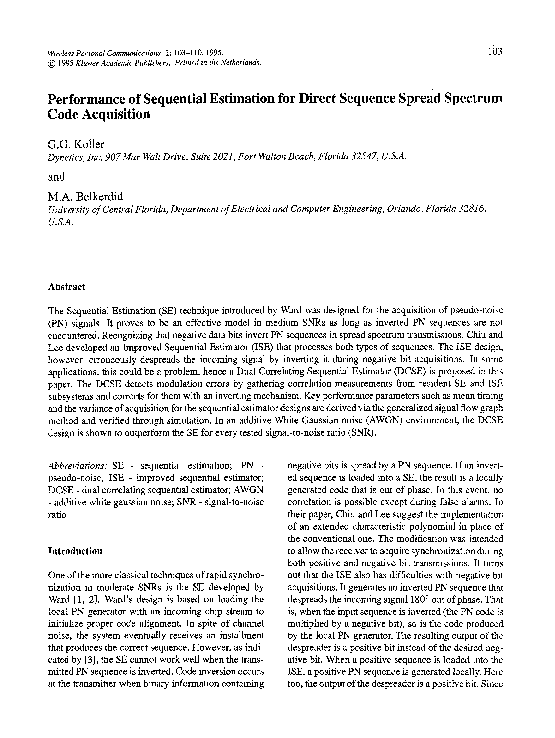 (PDF) Performance of sequential estimation for direct sequence spread spectrum code acquisition