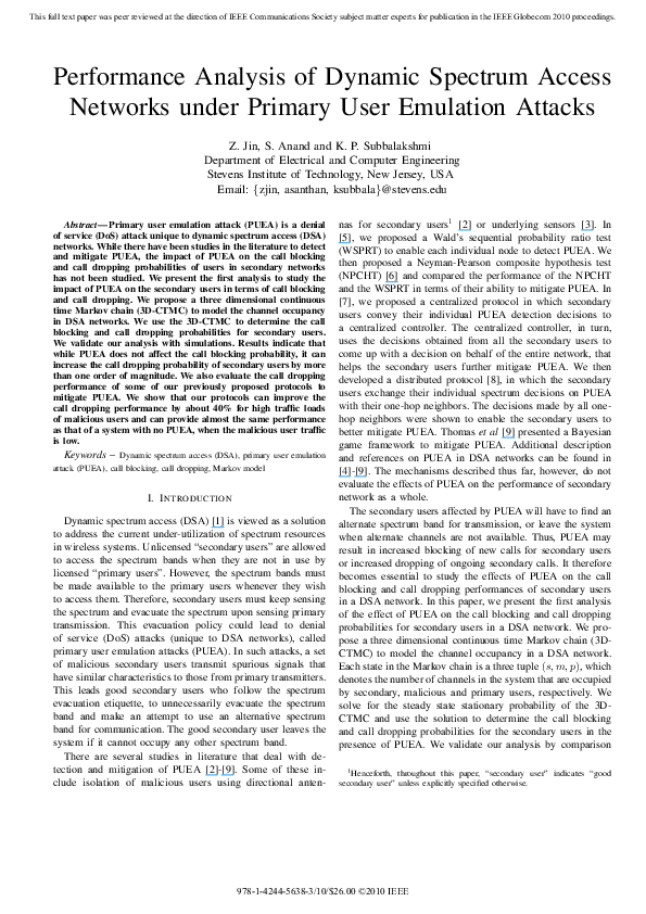 Pdf Performance Analysis Of Dynamic Spectrum Access Networks Under Primary User Emulation Attacks