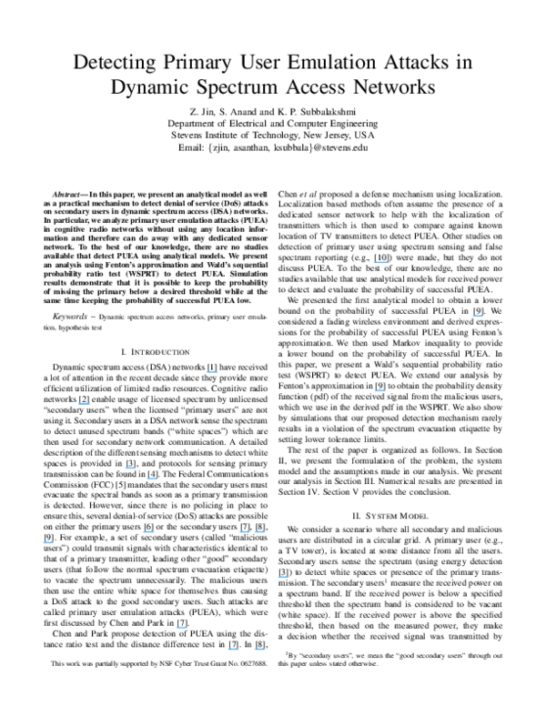 Pdf Detecting Primary User Emulation Attacks In Dynamic Spectrum Access Networks 7577