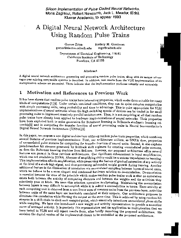 (PDF) Silicon Implementation of pulse Coded Neural Networks