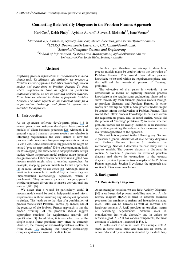 (PDF) Connecting Role Activity Diagrams to the Problem Frames Approach