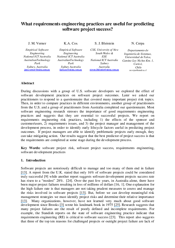 (PDF) What requirements engineering practices are useful for predicting software project success
