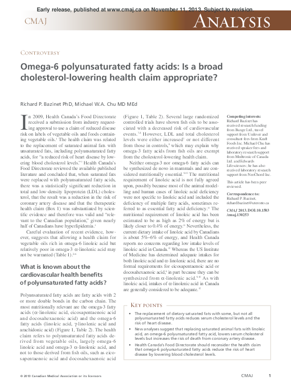 (PDF) Omega-6 polyunsaturated fatty acids: Is a broad cholesterol-lowering health claim appropriate?