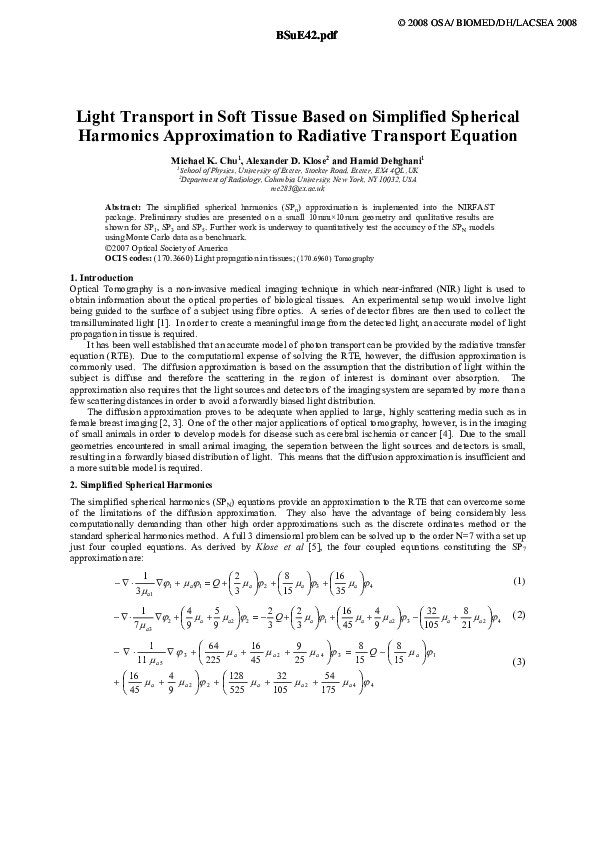 Light Transport in Soft Tissue Based on Simplified Spherical Harmonics Approximation to ...