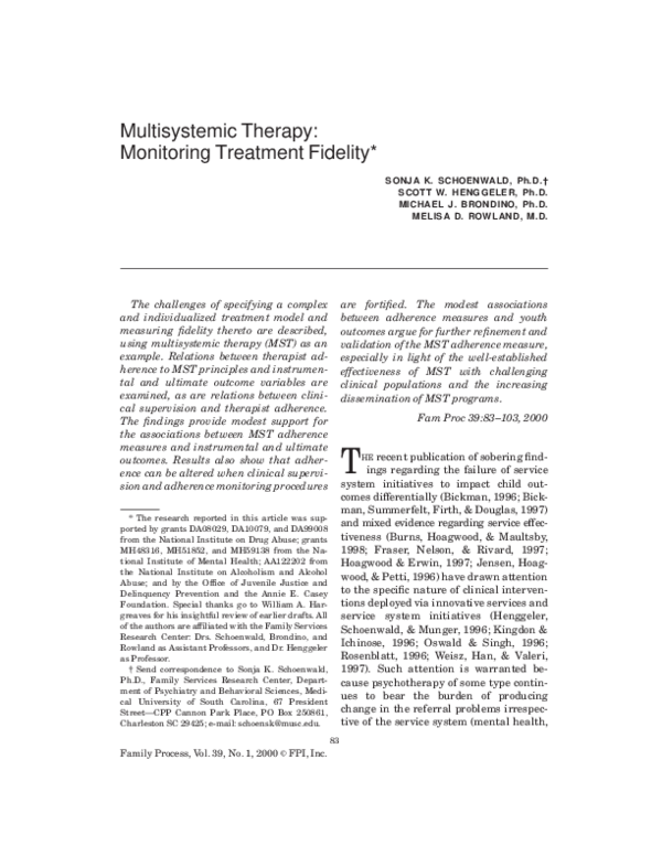 (PDF) Multisystemic Therapy: Monitoring Treatment Fidelity
