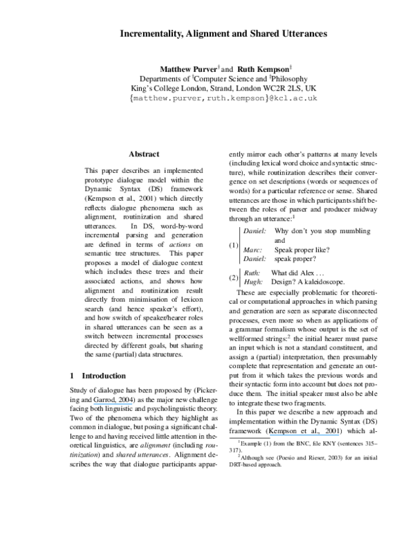 (PDF) Incrementality, Alignment and Shared Utterances