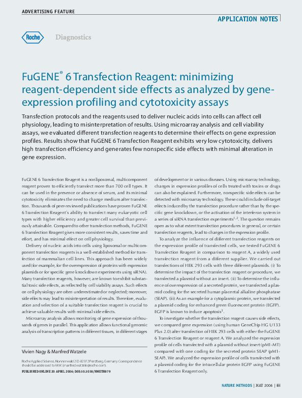 (PDF) FuGENE® 6 Transfection Reagent: minimizing reagent-dependent side ...