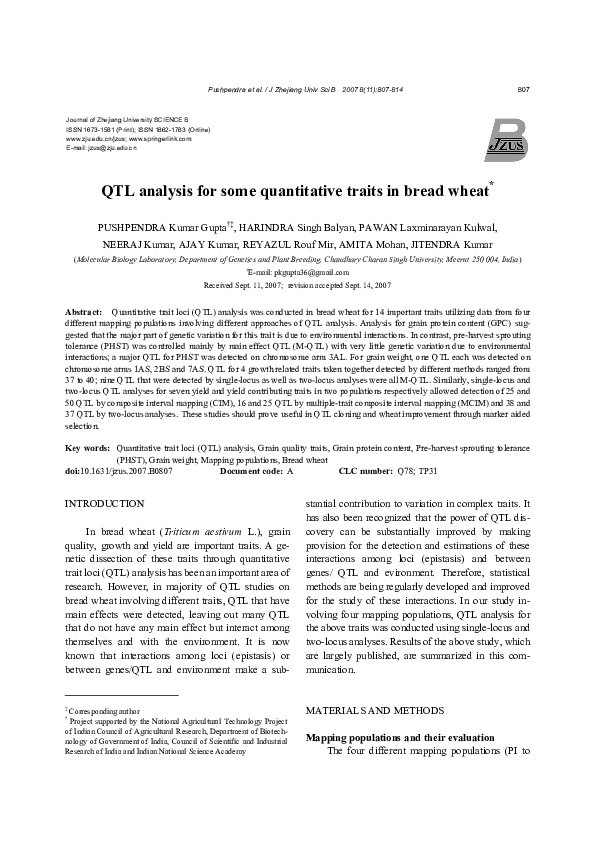 (PDF) QTL analysis for some quantitative traits in bread wheat
