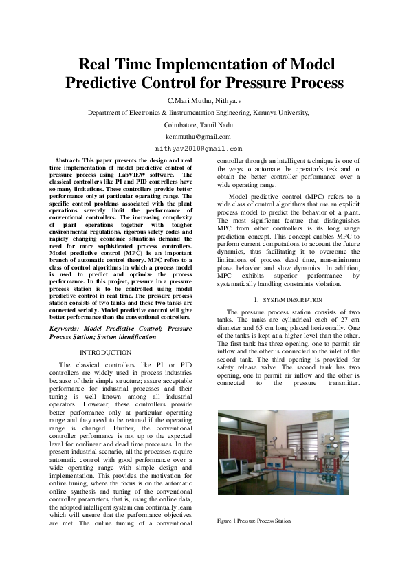 (PDF) Real Time Implementation of Model Predictive Control for Pressure Process