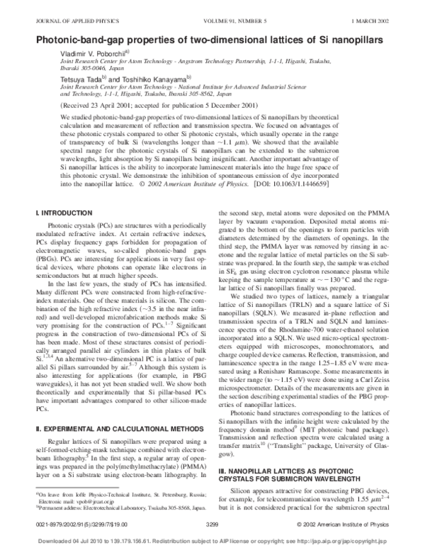 (PDF) Photonic-band-gap properties of two-dimensional lattices of Si nanopillars