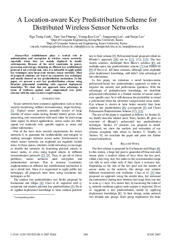 Pdf A Location Awarekey Predistribution Scheme For Distributed Wireless Sensor Networks Tran