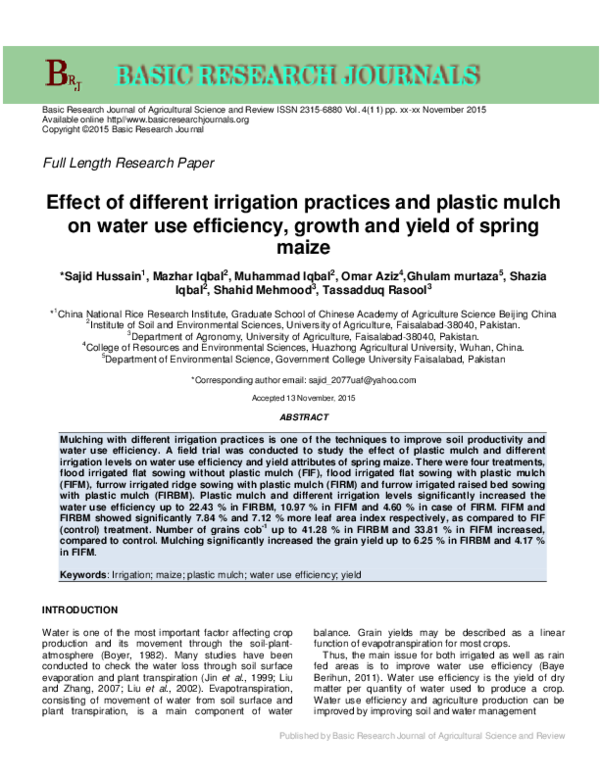 (PDF) Effect of different irrigation practices and plastic mulch on water use efficiency, growth ...
